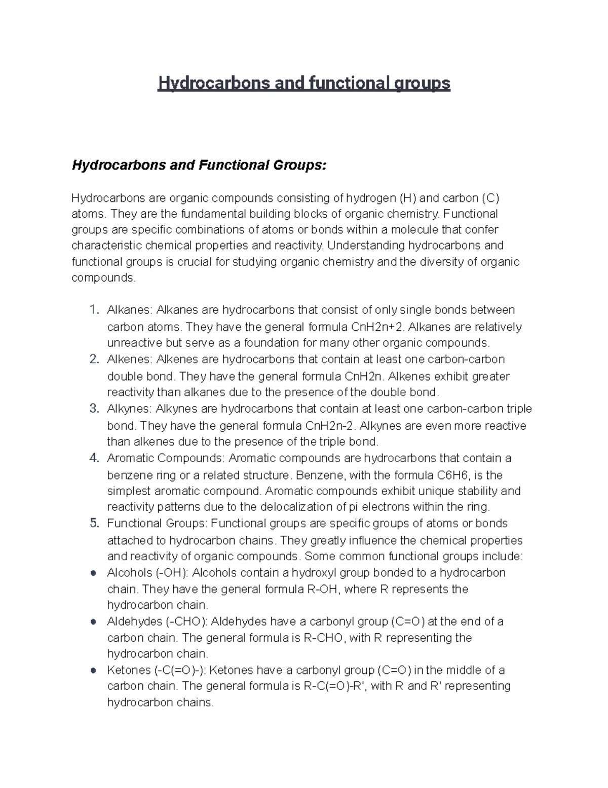 Notes on Hydrocarbons & Functional Groups in Organic Chemistry - Studocu