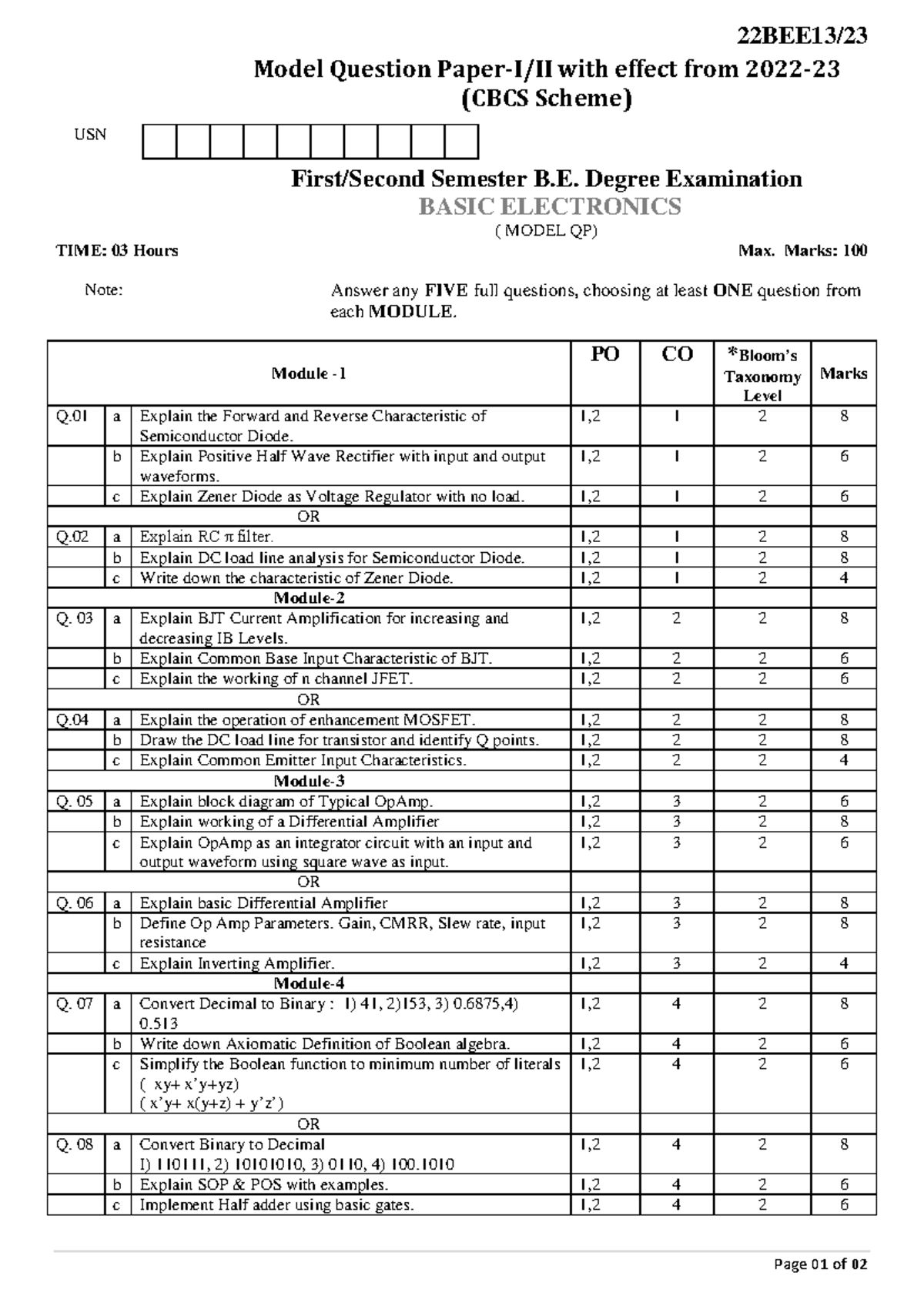 BBEE103-203-1 - Basic Electronics Model Question Paper for Students ...