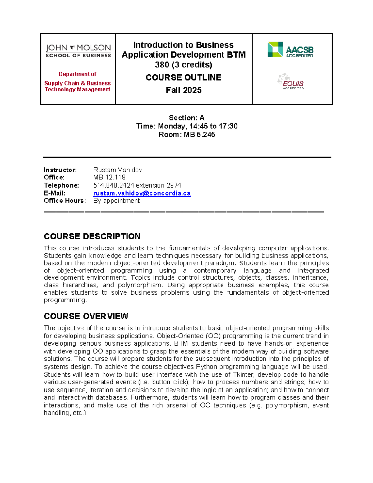 BTM 380 - Introduction to Business Application Development Outline Fall ...