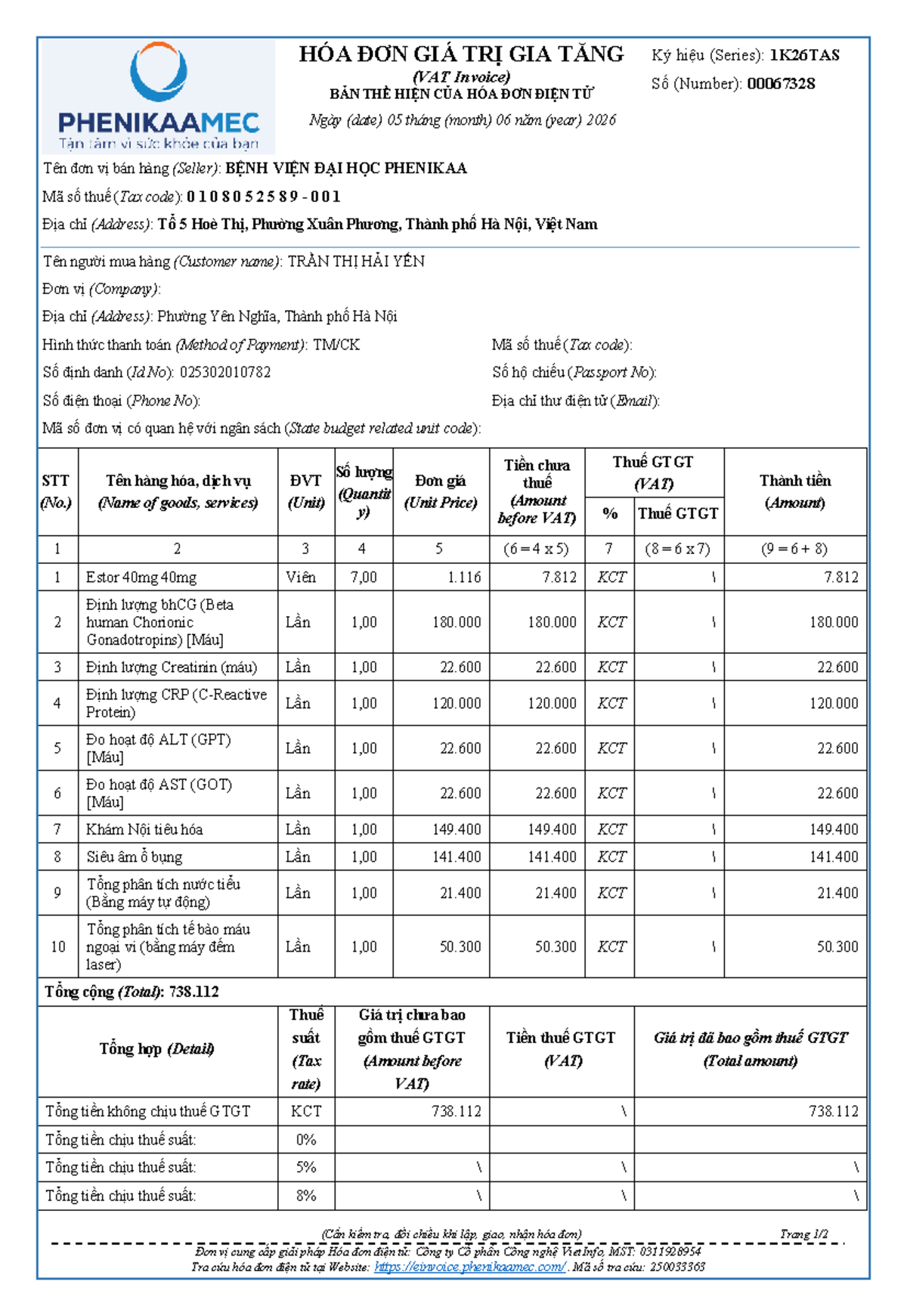 HÓA ĐƠN GIÁ TRỊ GIA TĂNG (VAT Invoice) - BỆNH VIỆN ĐẠI HỌC PHENIKAA ...
