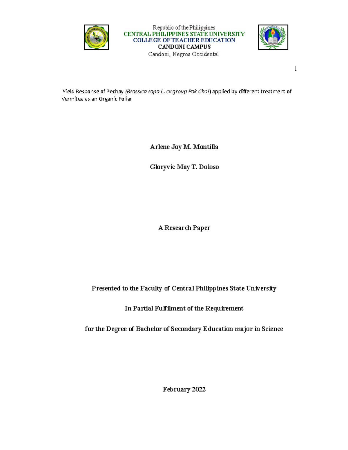 Experimental Study of Vermitea as Foliar Spray on Pechay Growth - Studocu