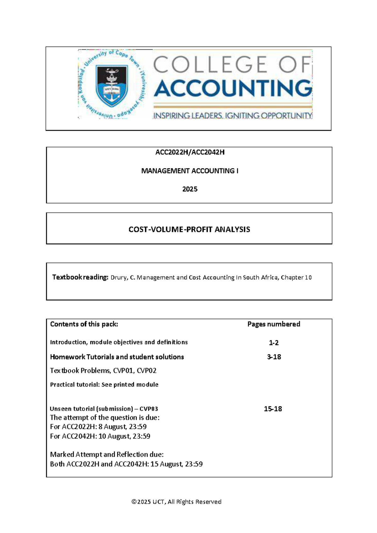 ACC2022H & ACC2042H MANAGEMENT ACCOUNTING I CVP Module 2025 Unseen ...