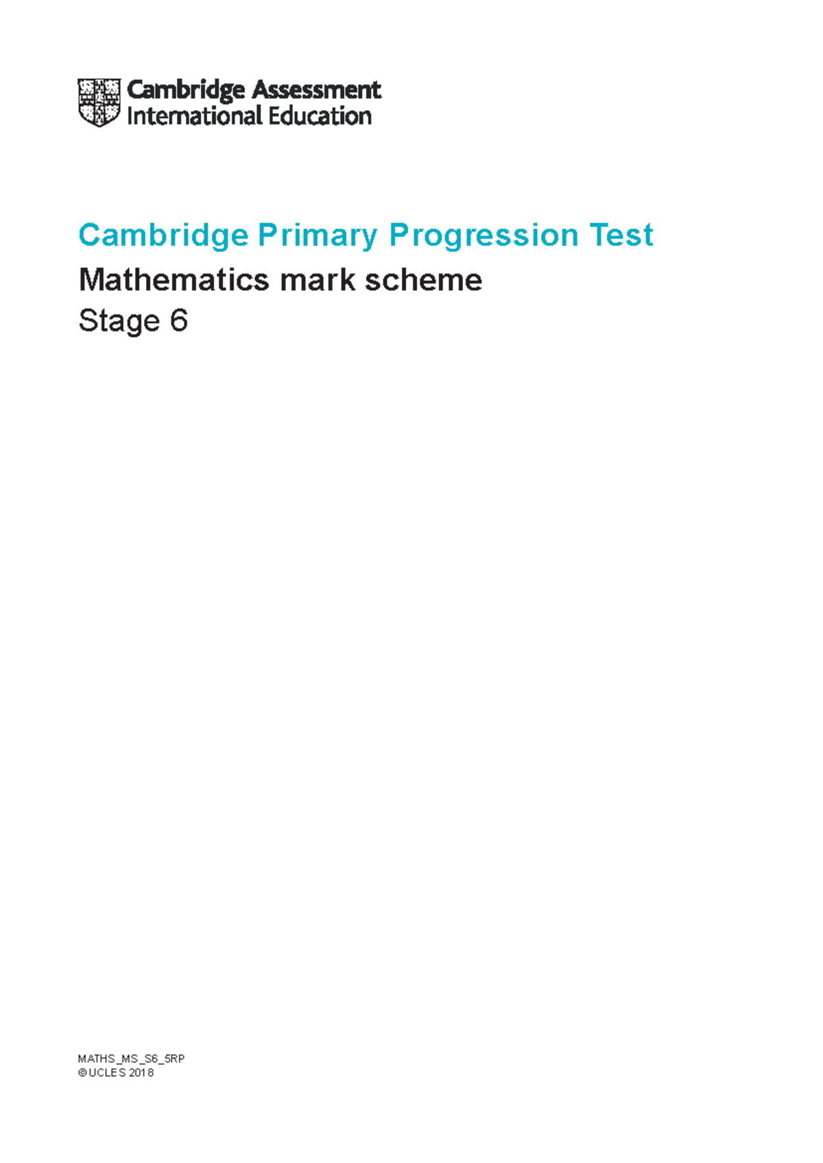 2018 Cambridge Primary Progression Test Maths Stage 6 Mark Scheme - Studocu