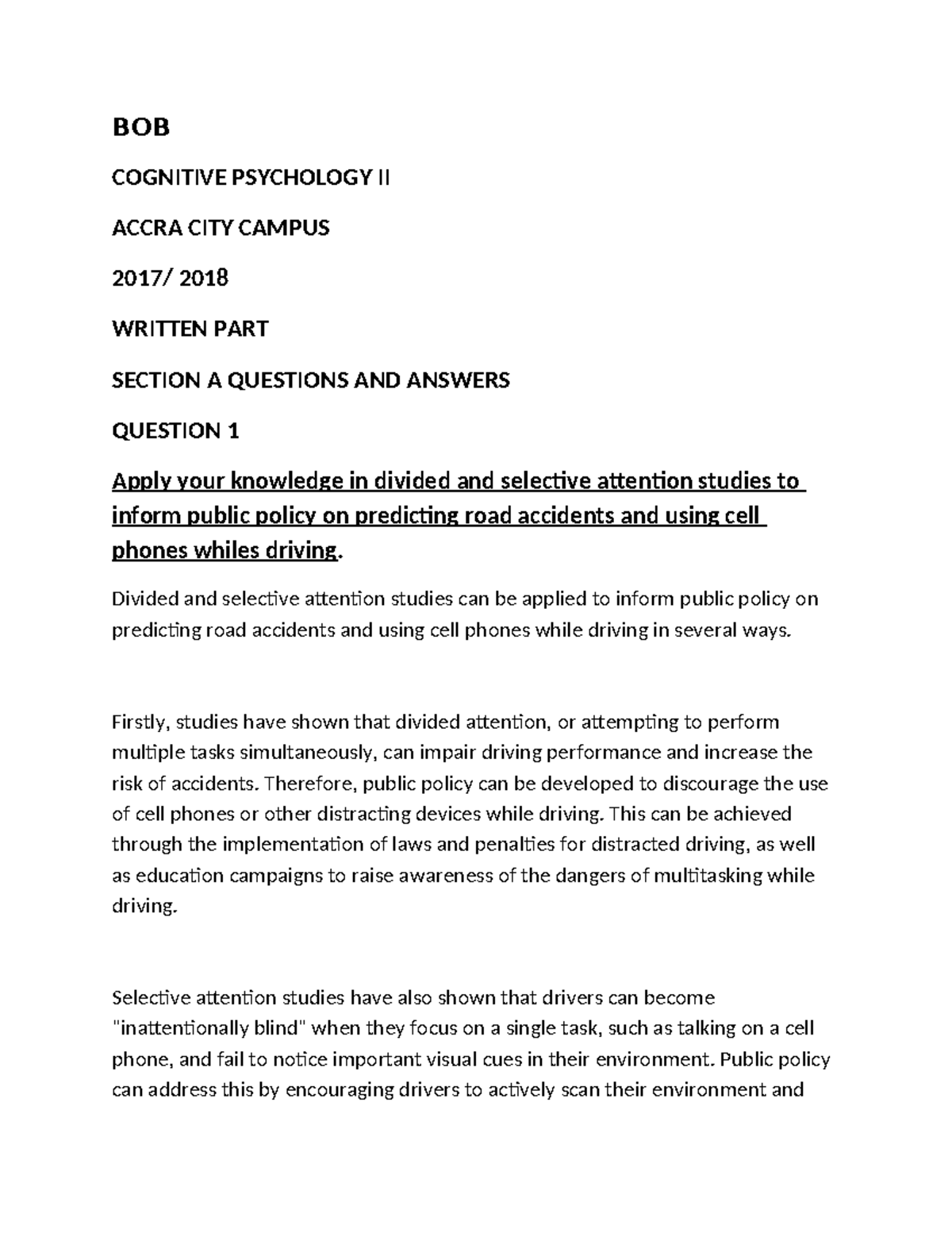 Cognitive Psychology II BOB 1 - BOB COGNITIVE PSYCHOLOGY II ACCRA CITY ...