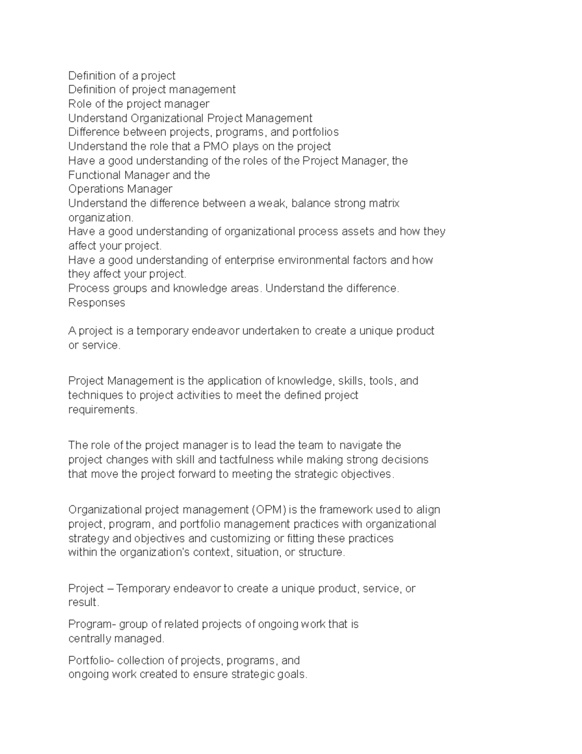 Project Management Introduction mod 2 notes - Definition of a project ...