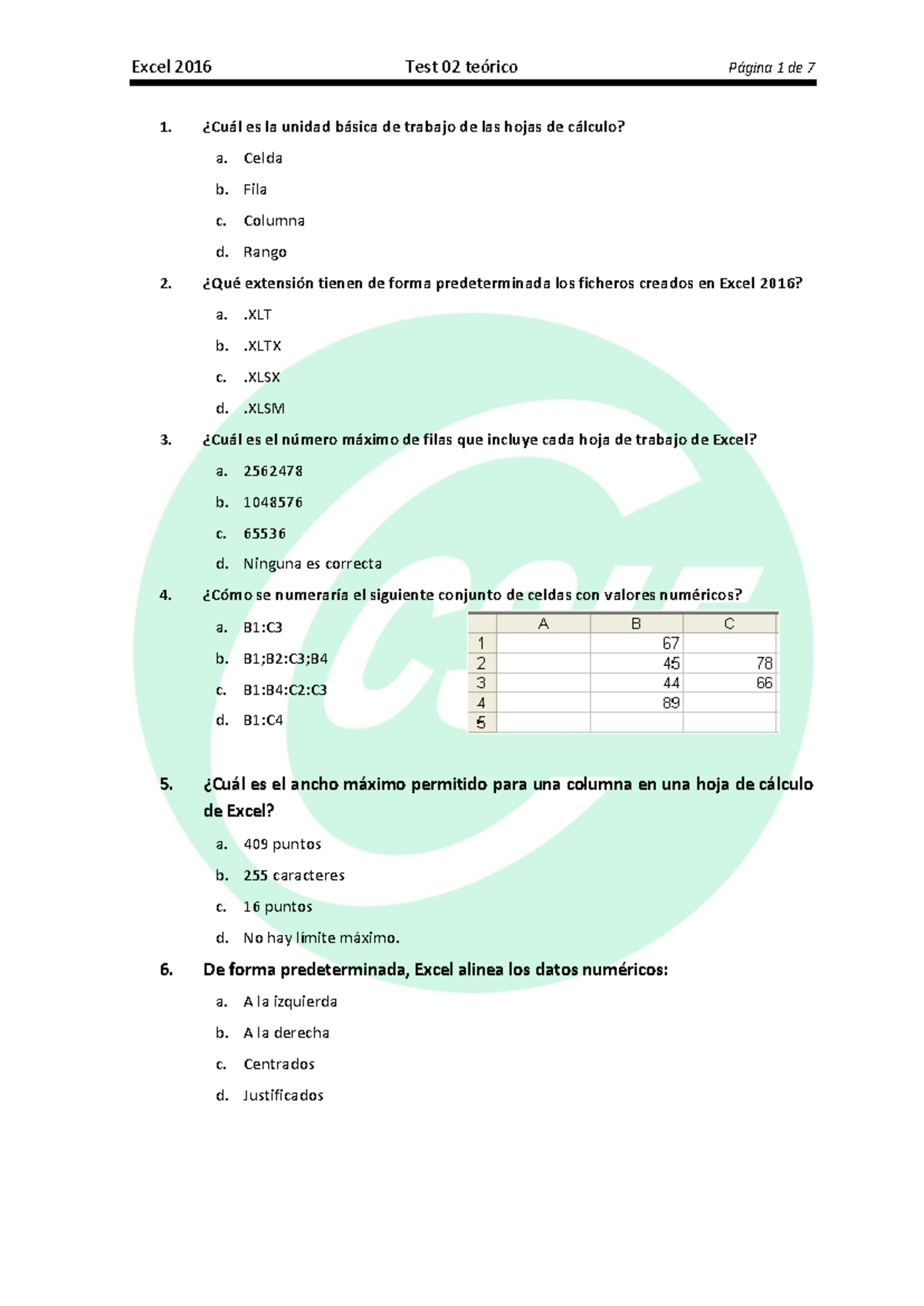 Excel 2016 Test 02 Teórico con Respuestas y Soluciones - Studocu