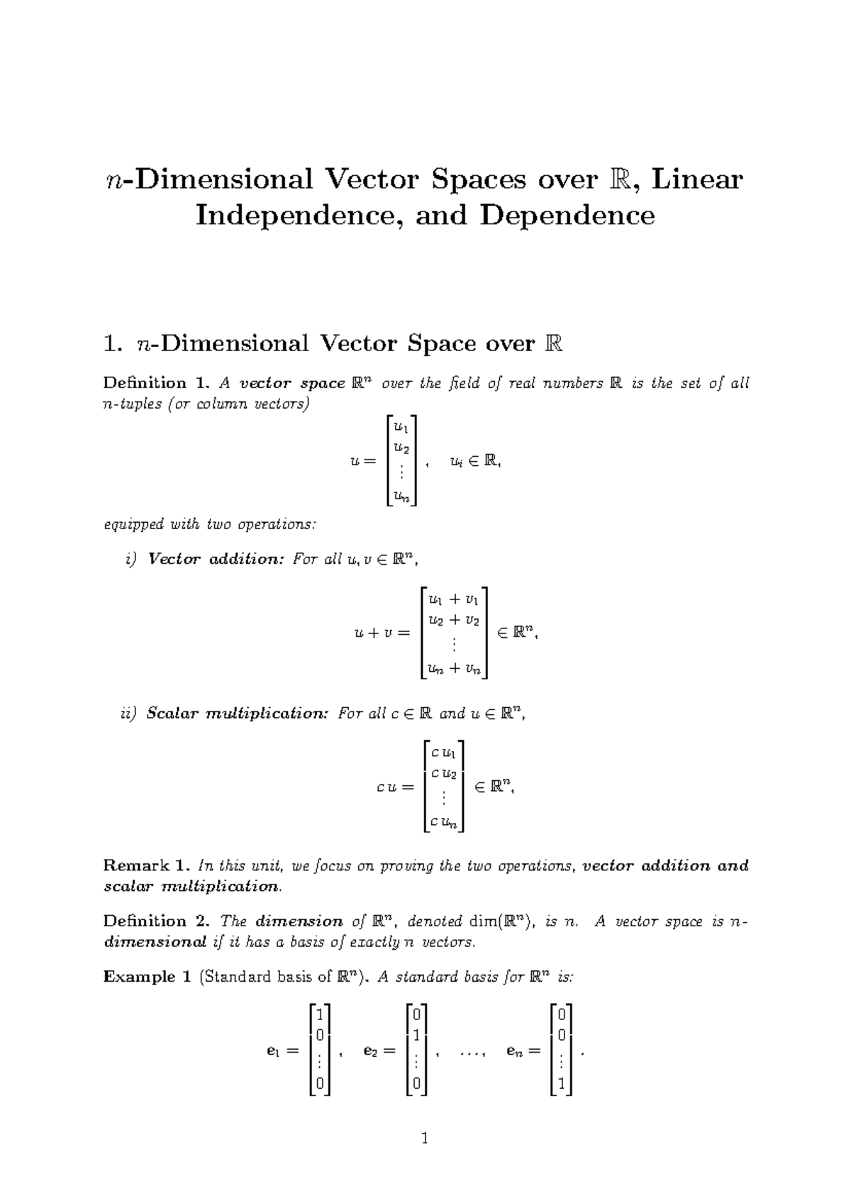 Vector Spaces over R: Linear Independence, Dependence & Practice Qs ...