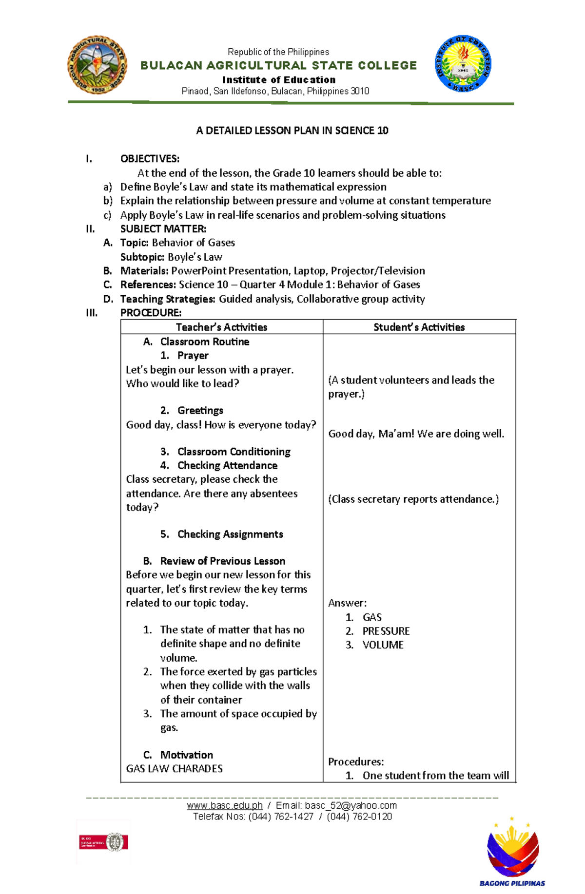 Q4 M1 DLP Science 10 - Detailed Lesson Plan on Boyle's Law - Studocu