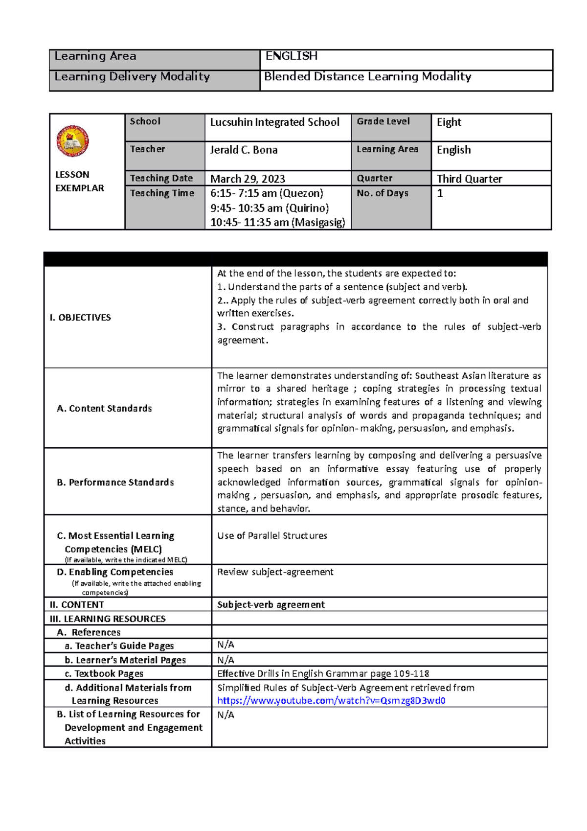Lesson Plan- Subject-Verb Agreement (Grade 8, ENGLISH) - Studocu