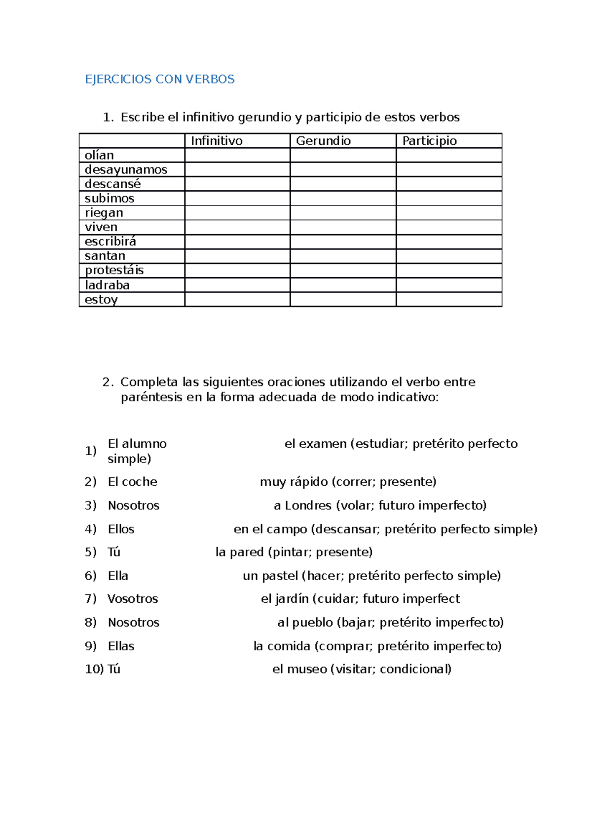 Ejercicios de Verbos en Español: Práctica y Conjugaciones - Studocu