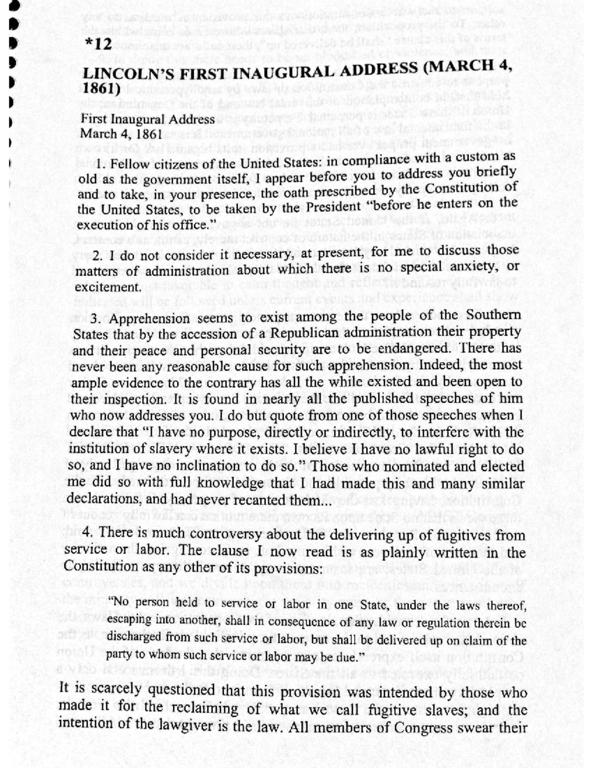 Lincolns First Inaugural Address - 12 FIRST INAUGURAL ADDRESS (MARCH 4 ...