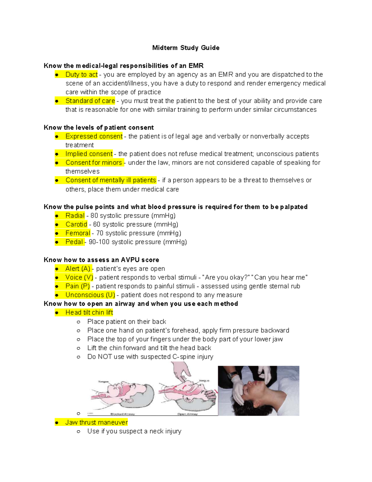 Midterm Study Guide: EMR Responsibilities and Patient Care Techniques ...