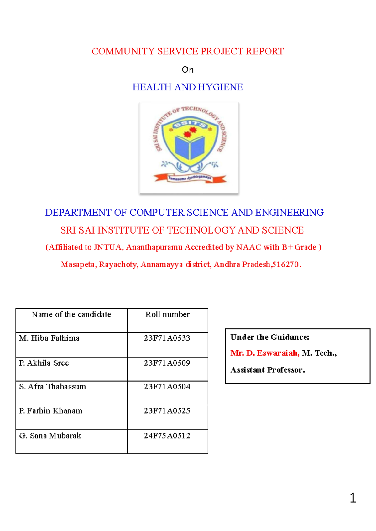 COMMUNITY SERVICE PROJECT REPORT ON HEALTH AND HYGIENE (CSE 23F71A ...