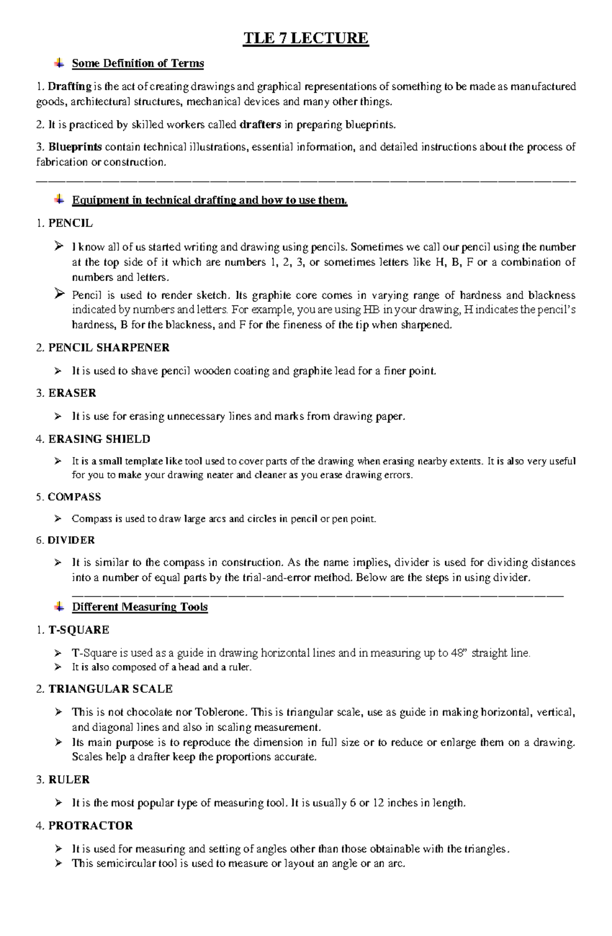 TLE 7 Lecture Notes on Technical Drafting Essentials and Tools - Studocu