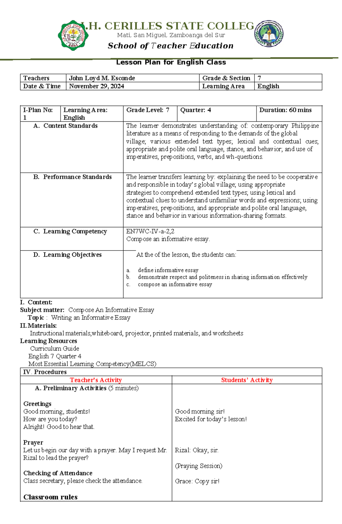 Esconde Macro Lesson Plan - J. CERILLES STATE COLLEGE Mati, San Miguel ...
