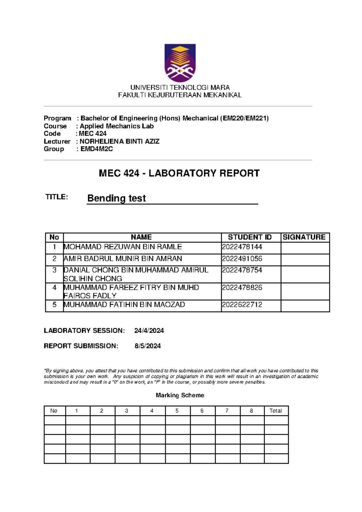 MEC 424 - LAB Report on Bending Test of Materials in Applied Mechanics ...
