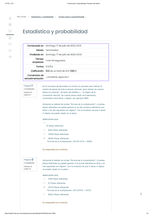Modalidad de exámenes Semana 5 Revisión del intento - Estadística y probabilidad Pregunta 1 ...