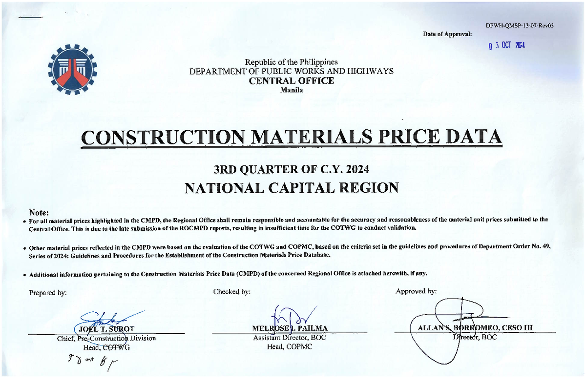 NCR CMPD 3Q2024 - Construction Materials Price Data Summary - Studocu