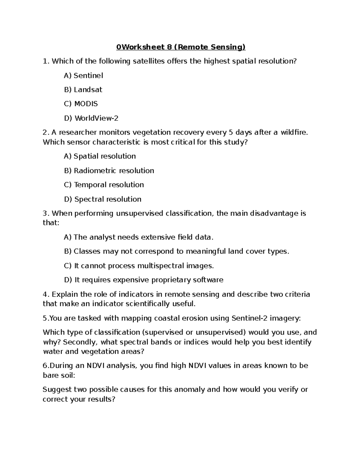 Worksheet 8 - Remote Sensing Practice Questions and Analysis - Studocu