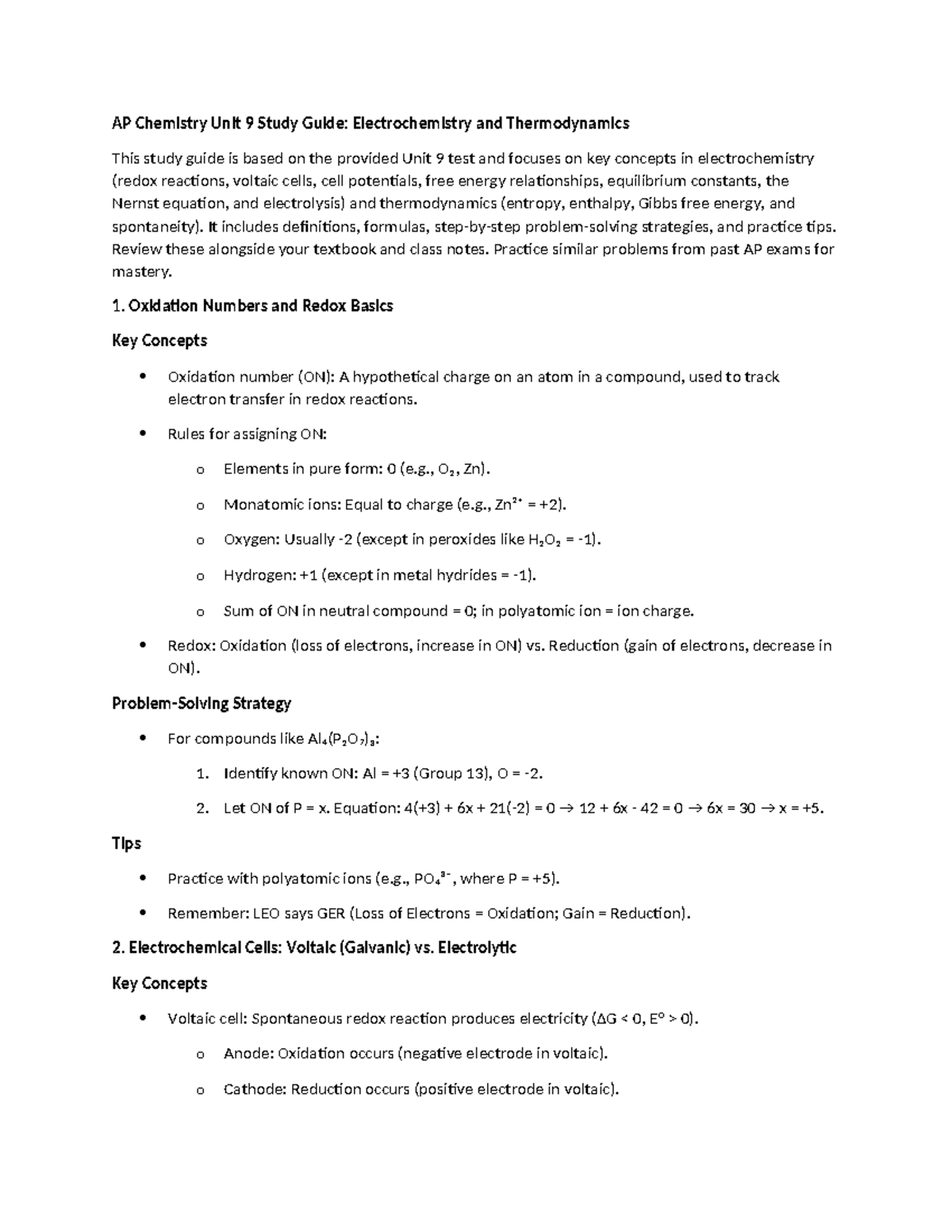 AP Chemistry Unit 9 Study Guide: Electrochemistry & Thermodynamics ...