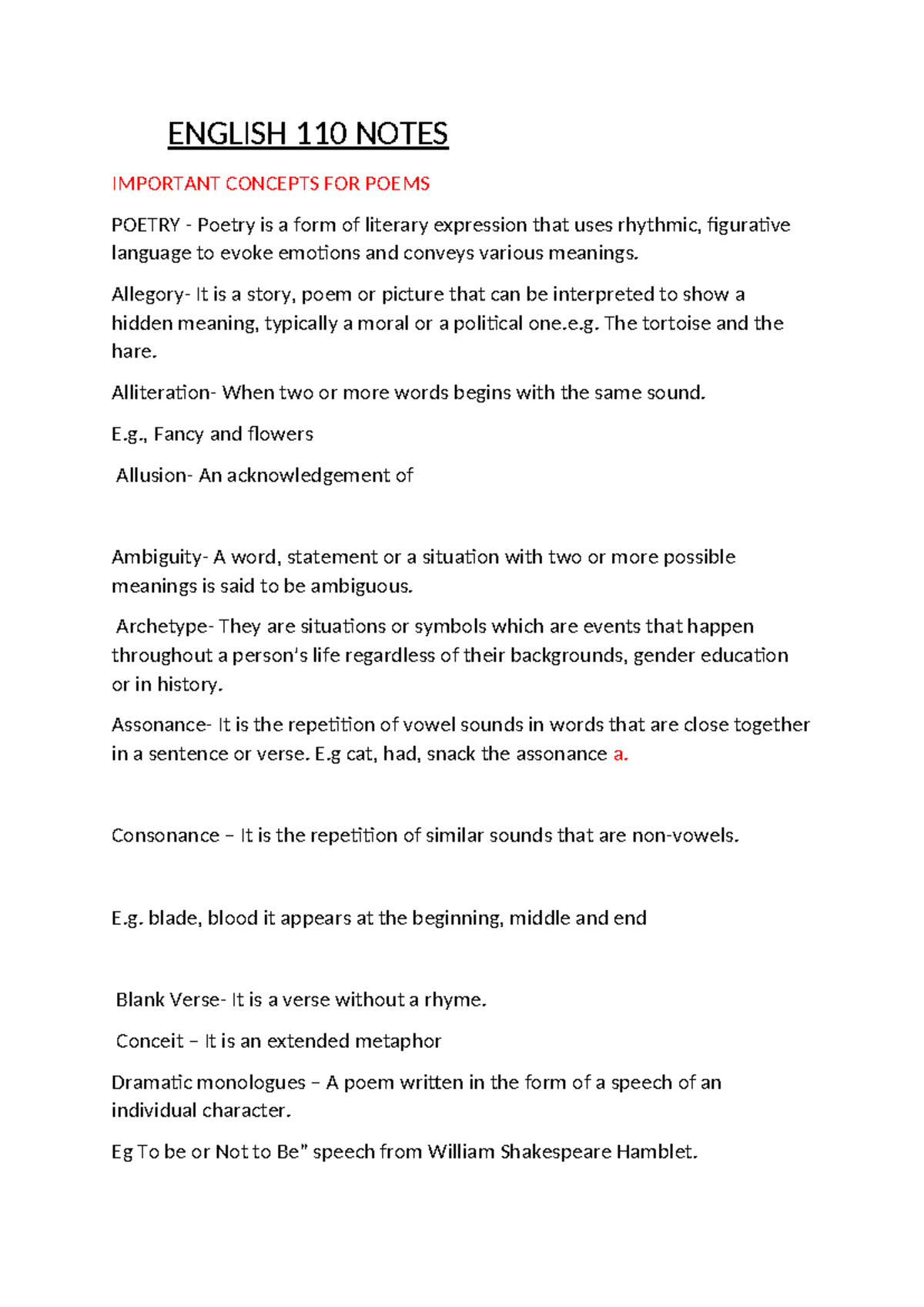 English 110 Final Exam Notes on Essential Poetry Concepts - Studocu