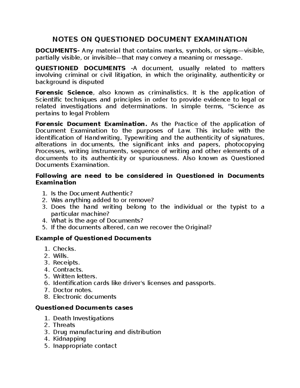 Notes ON Questioned Documents Examination - NOTES ON QUESTIONED ...