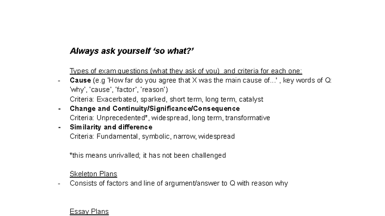A Level History Essay Plan Notes: Exam Question Types & Criteria - Studocu
