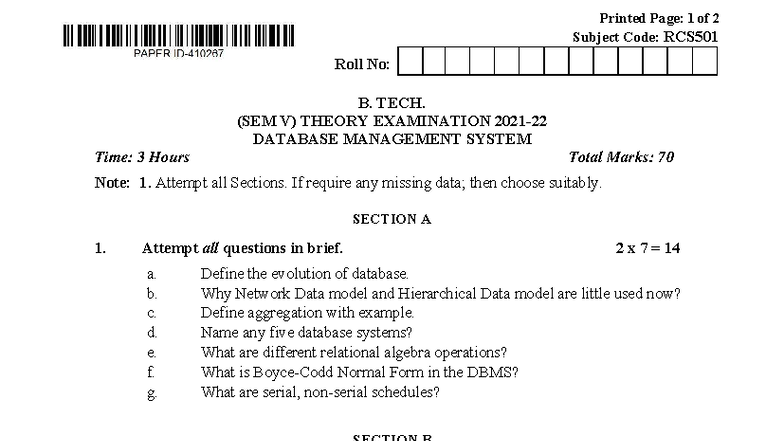 RCS501 B. TECH. (SEM V) DBMS Theory Exam Previous Question Paper - Studocu