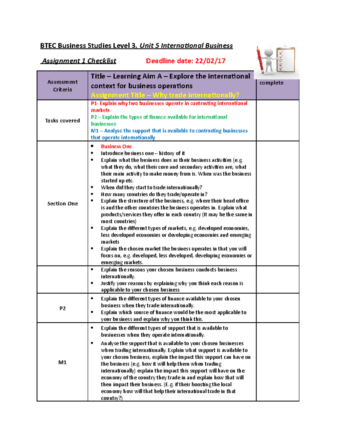 Unit 5 Assignment 1 - Part 1 Checklist (Learning Aim A) - Studocu