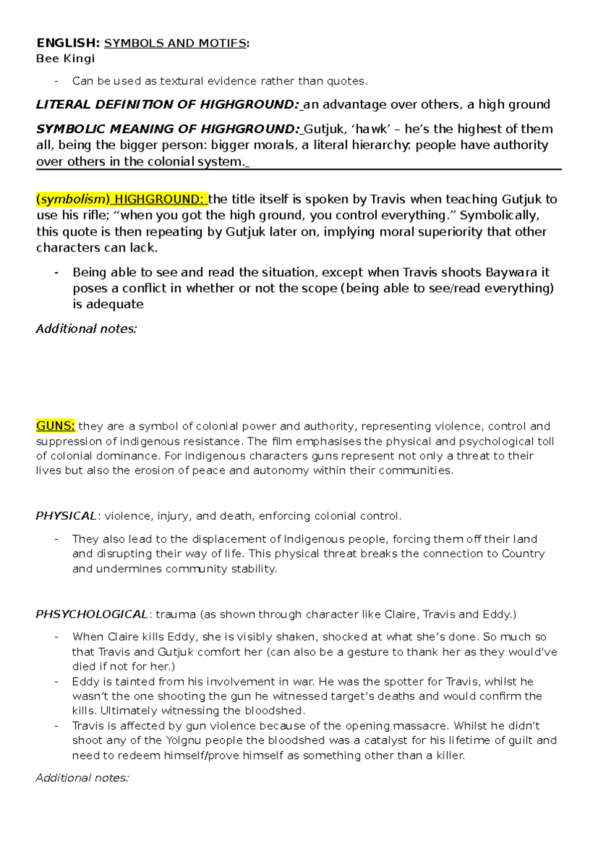 ENGLISH: SYMBOLS AND MOTIFS IN "HIGHGROUND" - ANALYSIS NOTES - Studocu