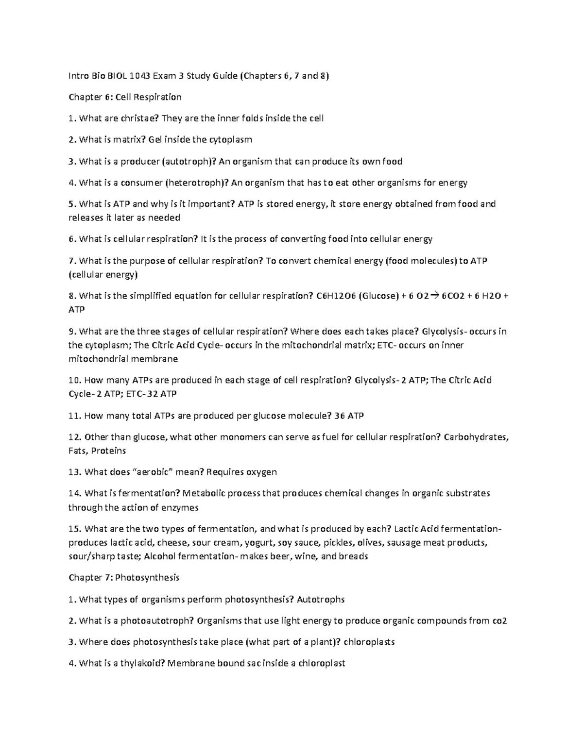 Intro to bio exam 3 study guide - Intro Bio BIOL 1043 Exam 3 Study Guide (Chapters 6, 7 and 8 ...