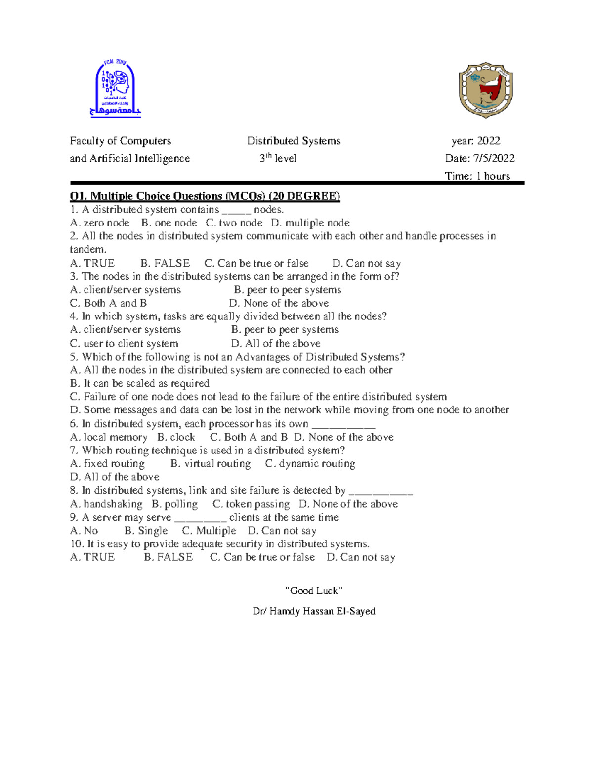 Midterm Exam - Distributed Systems (AI Level 3) 2022 Questions - Studocu