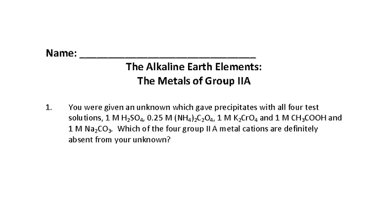 Alkaline Earth Elements Pre-lab Analysis: Group IIA Metals - Studocu