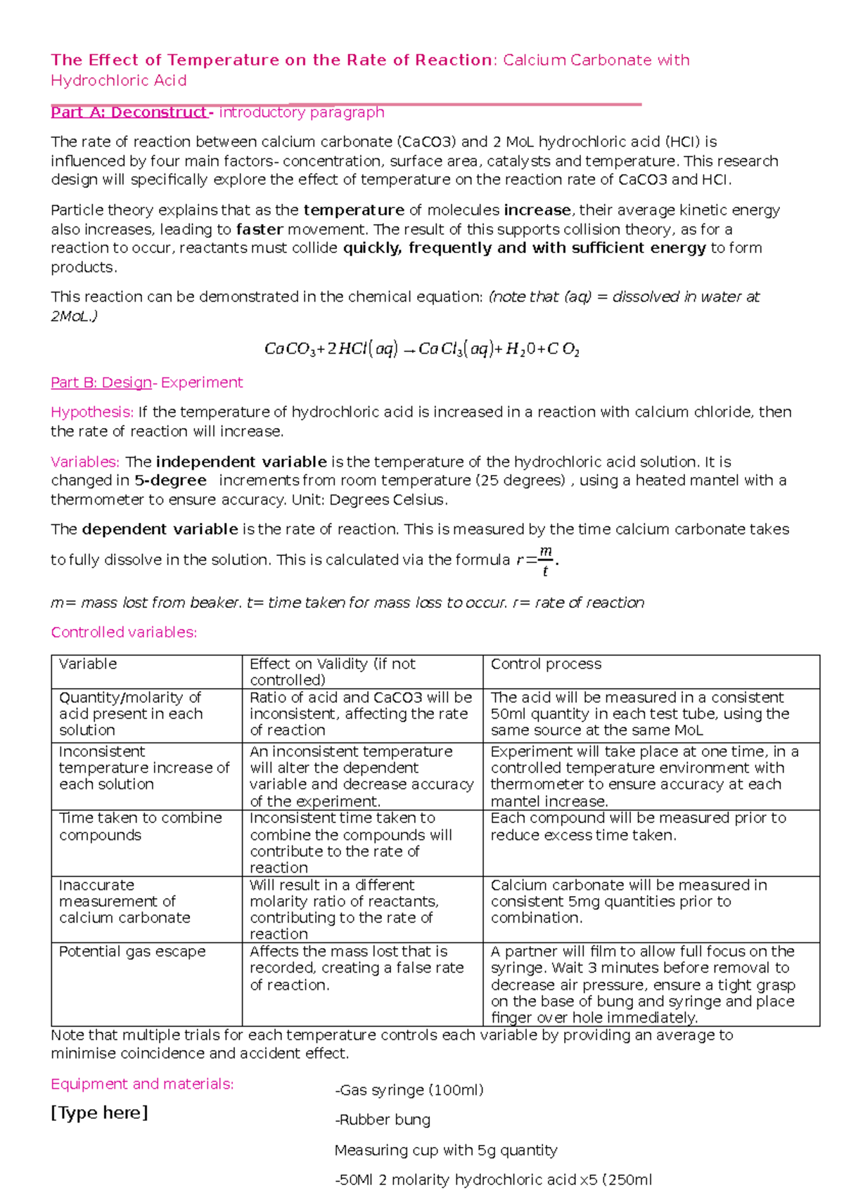 The Effect of Temperature on Reaction Rate: CaCO3 & HCl Experiment ...