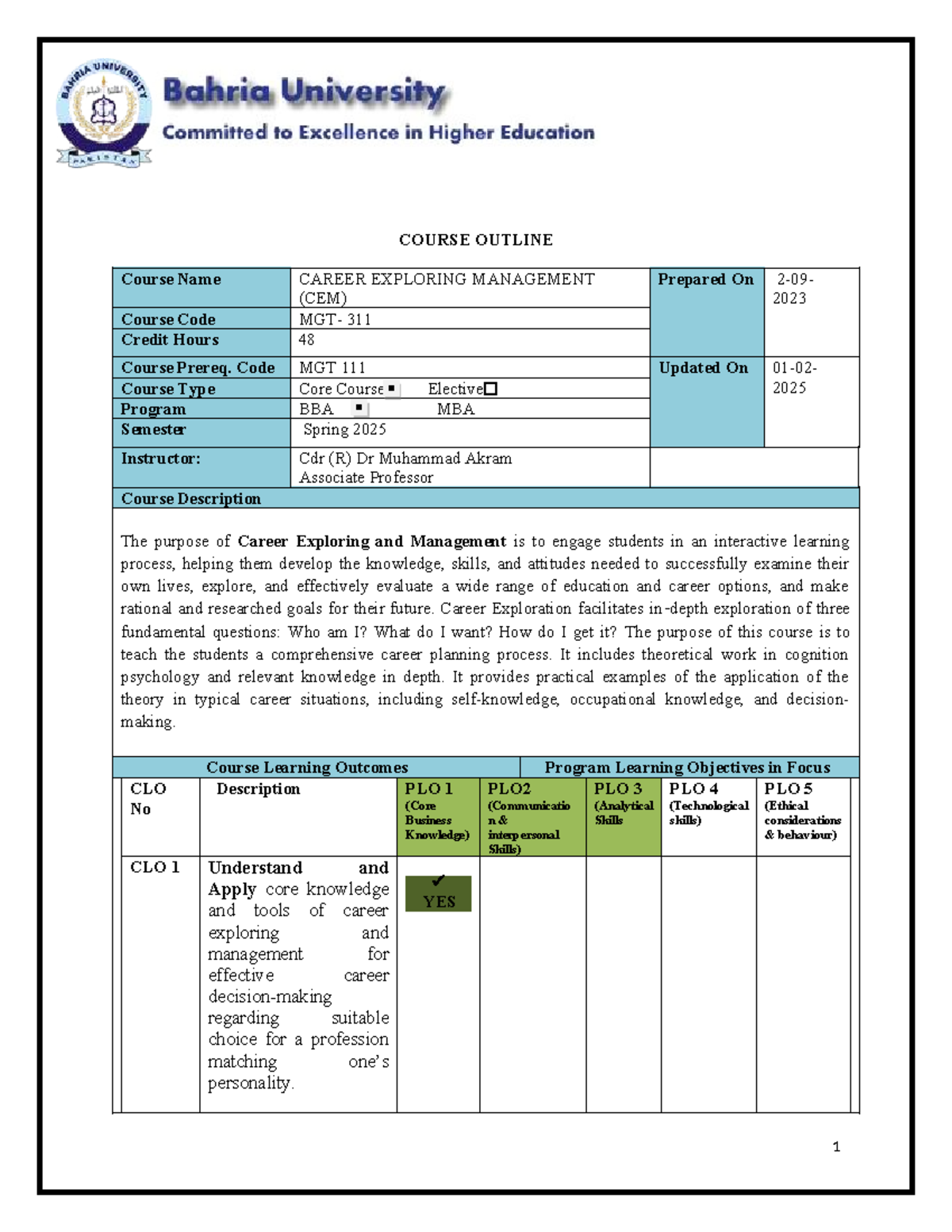 Course Outline: Career Exploring Management (CEM) 311 - Spring 2025 ...