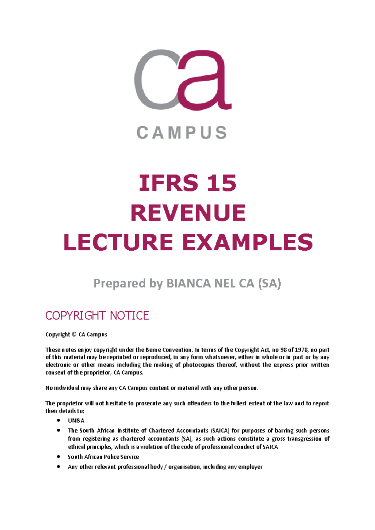 IFRS 15 - Revenue Recognition Lecture Examples and Case Studies - Studocu