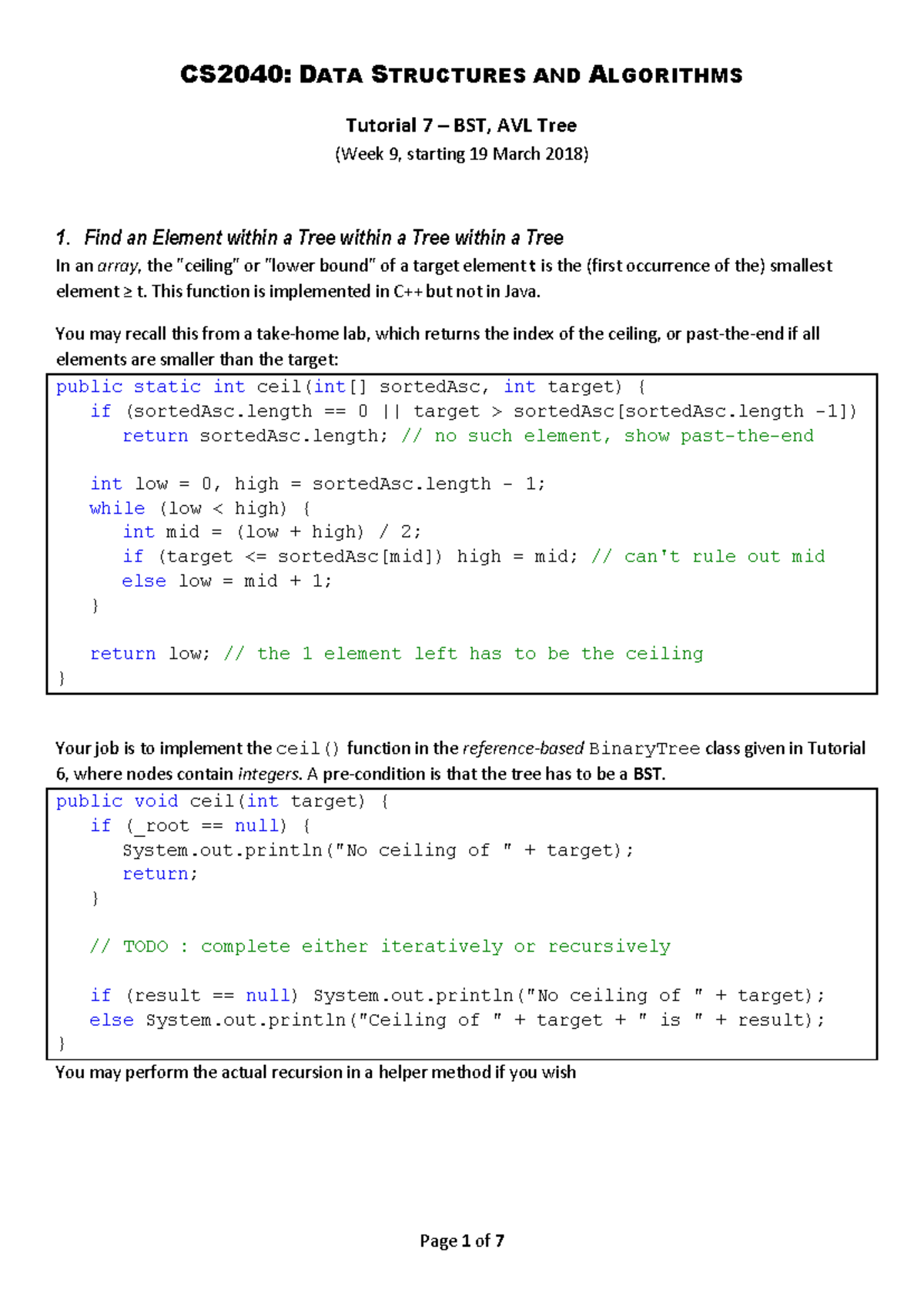 T7 ans - 17/18 Sem 2 - CS2040: DATA STRUCTURES AND ALGORITHMS Tutorial 7 – BST, AVL Tree (Week 9 ...