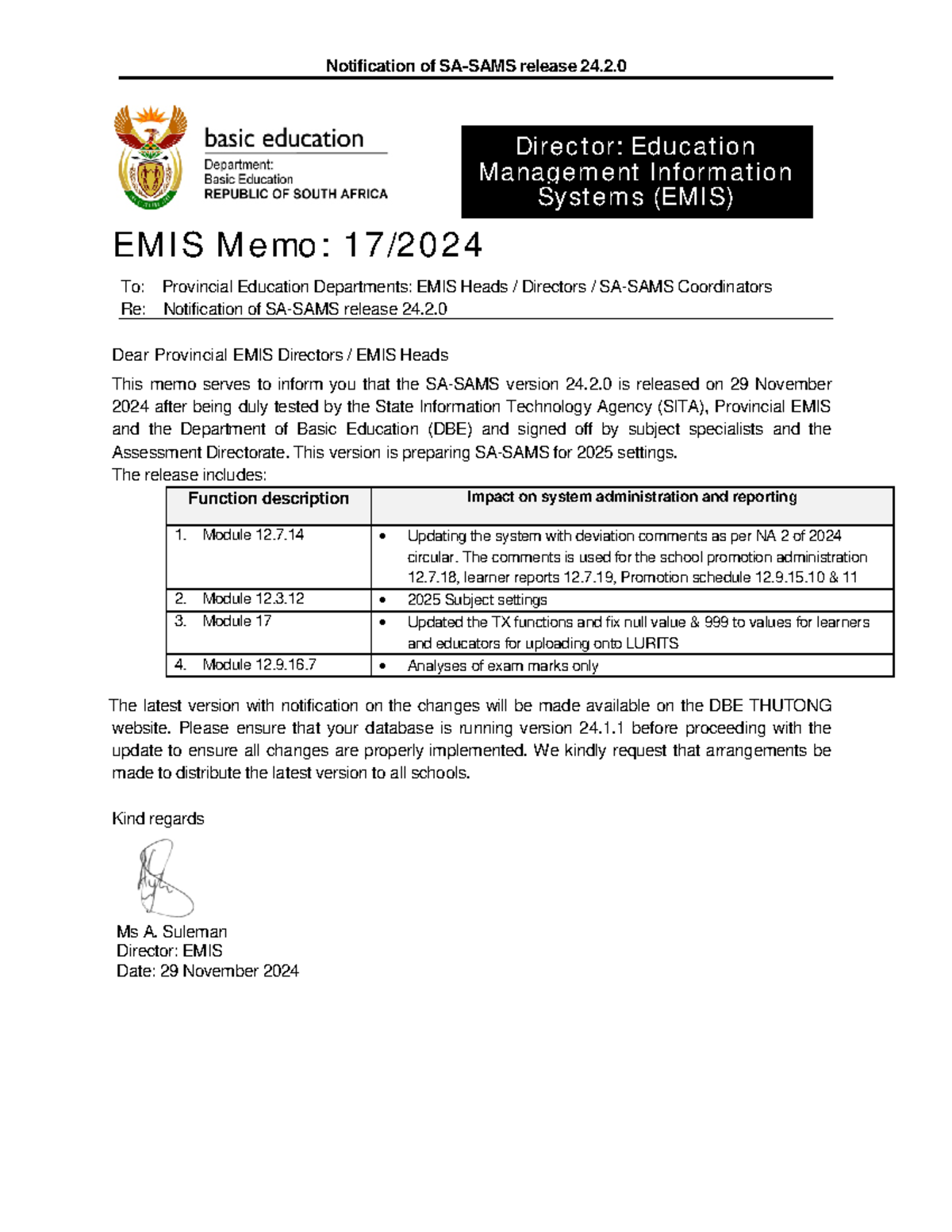 D Memo 17 of 2024 - SA-SAMS release 24 - Notification of SA-SAMS ...