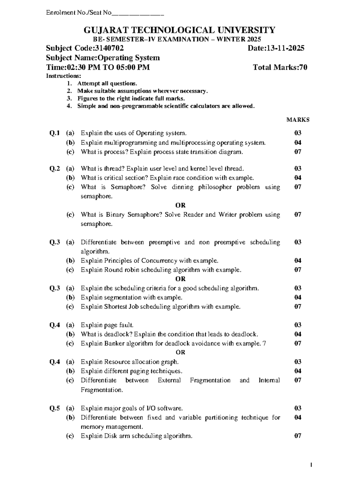 Winter 2025 Exam: Operating System (Code: 3140702) Paper - Studocu