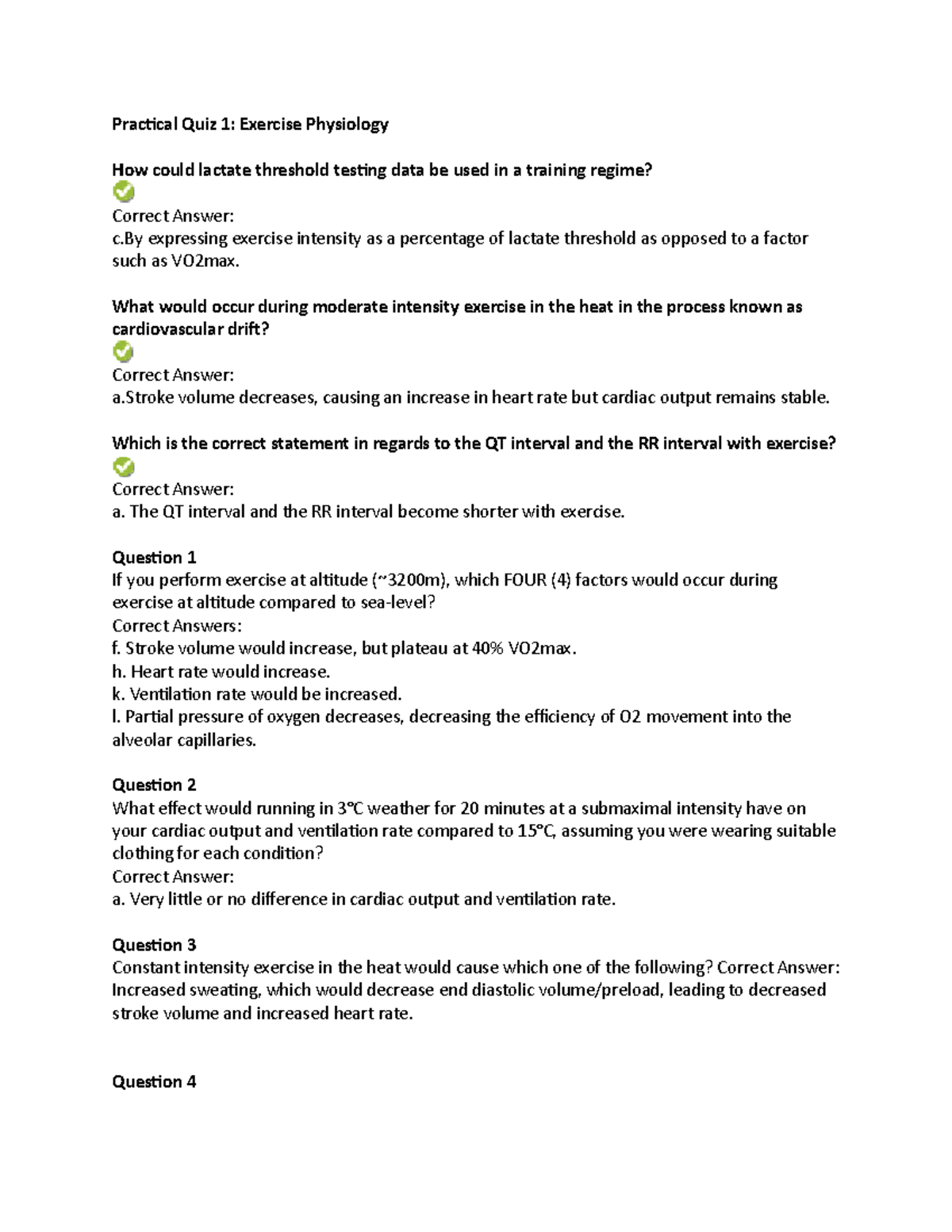 Practical Quiz 1: Exercise Physiology Overview and Key Answers - Studocu