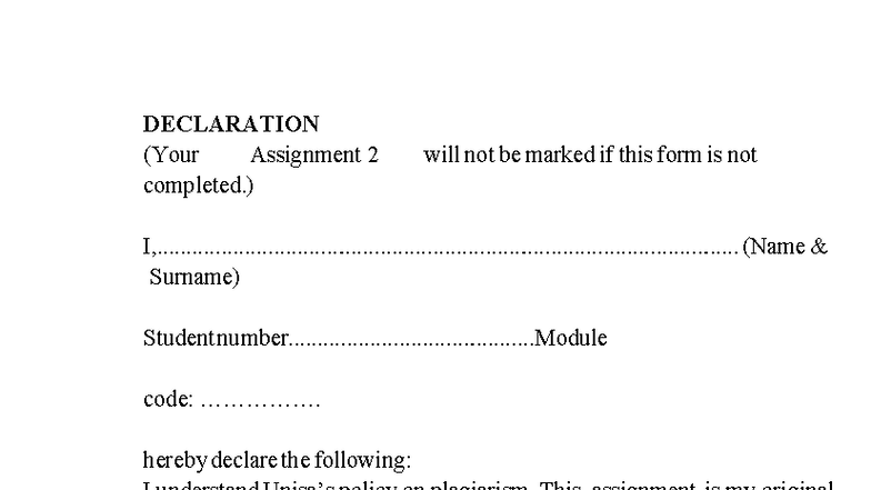 Declaration form (1) - Copy - DECLARATION (Your Assignment 2 will not be marked if this form is ...