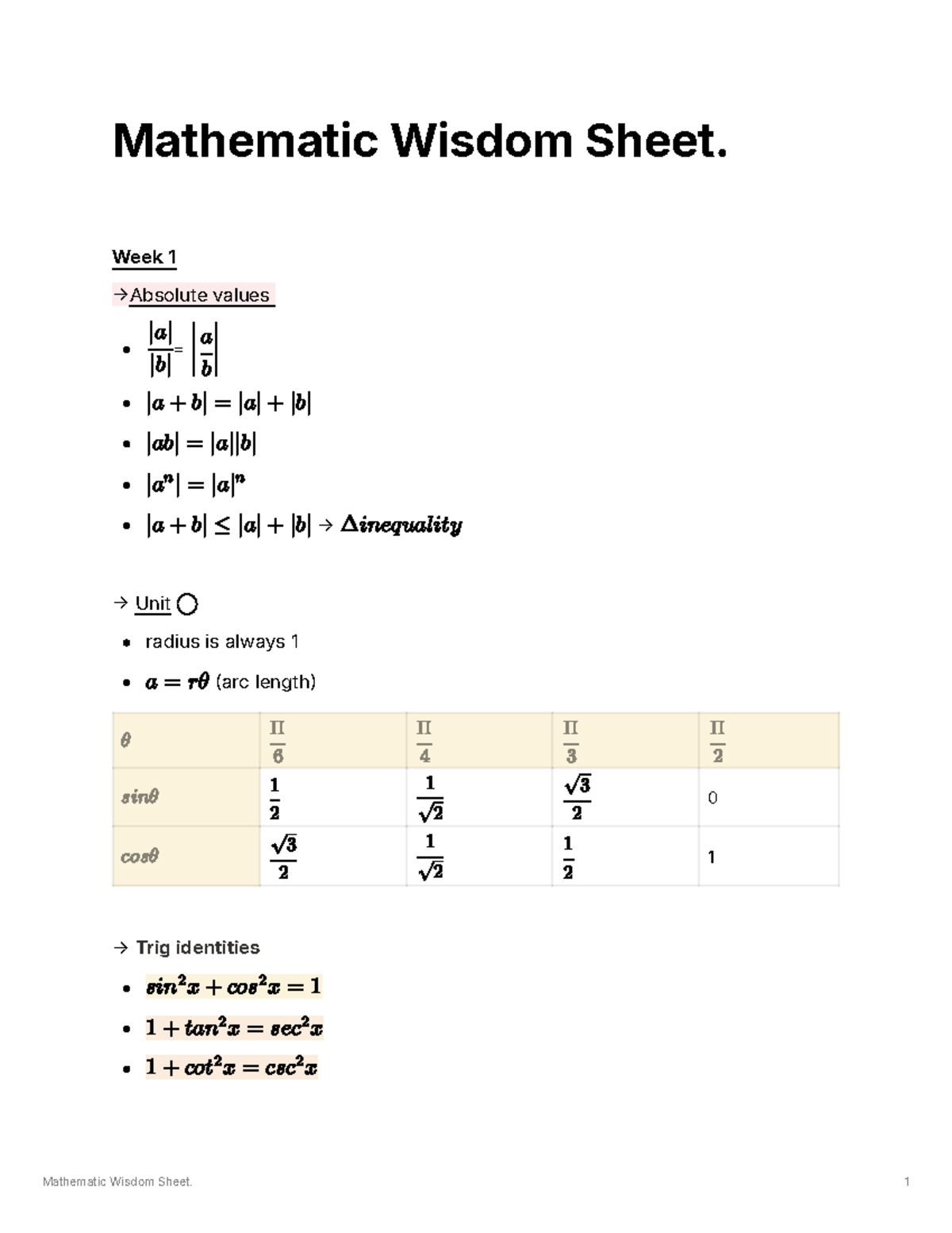 Mathematics Formula Sheet 2025: Key Concepts & Trig Functions - Studocu