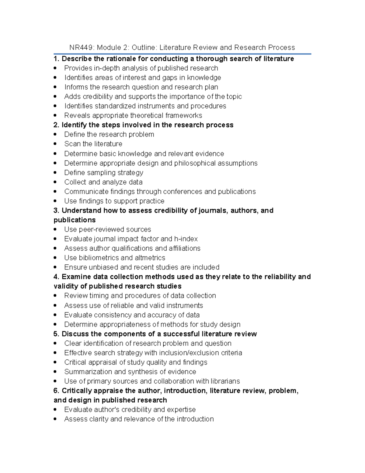NR449: Module 2 Literature Review & Research Process Outline - Studocu