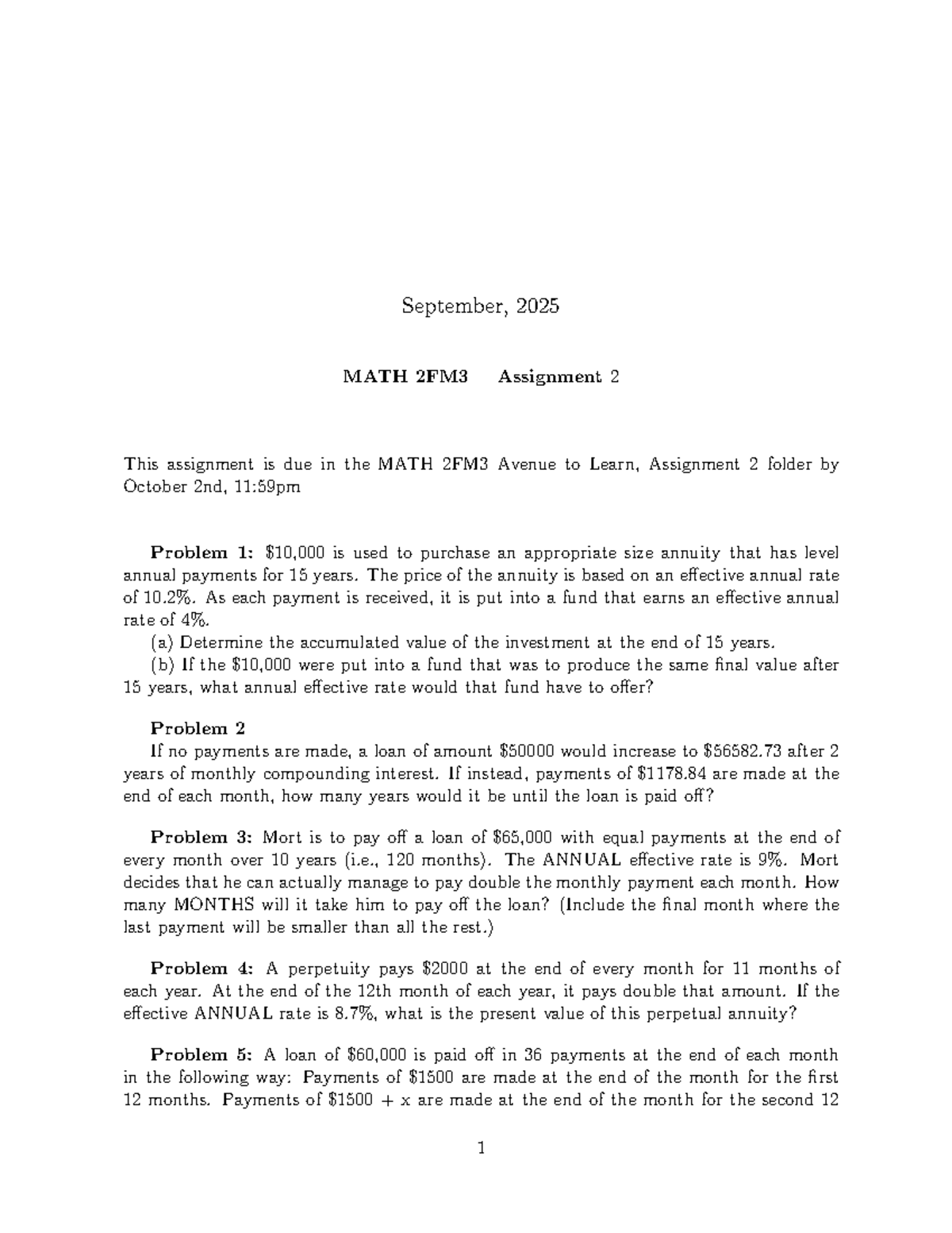 MATH 2FM3 Assignment 2: Annuities, Loans, and Perpetuities Analysis ...
