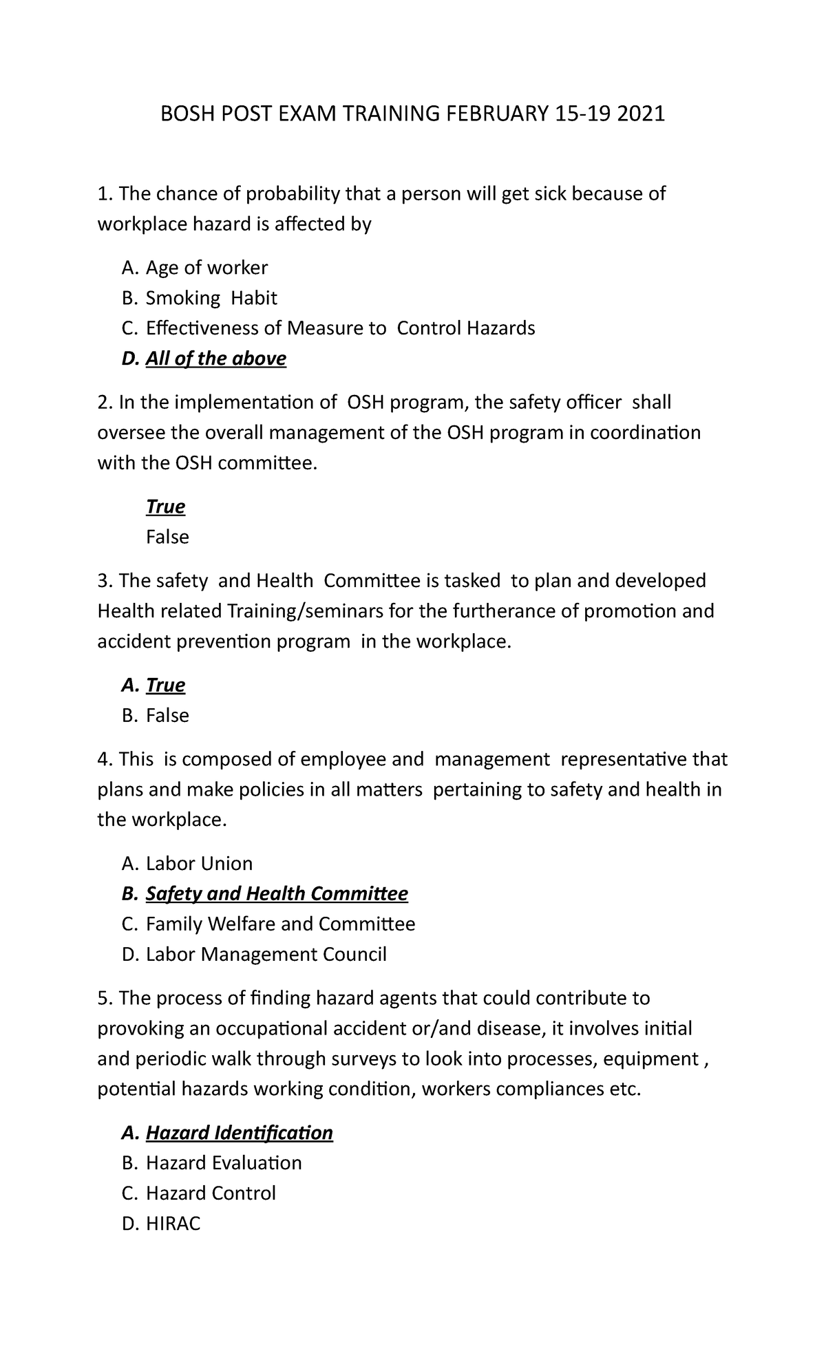 (BOSH ) POST EXAM Training February 15 - BOSH POST EXAM TRAINING ...