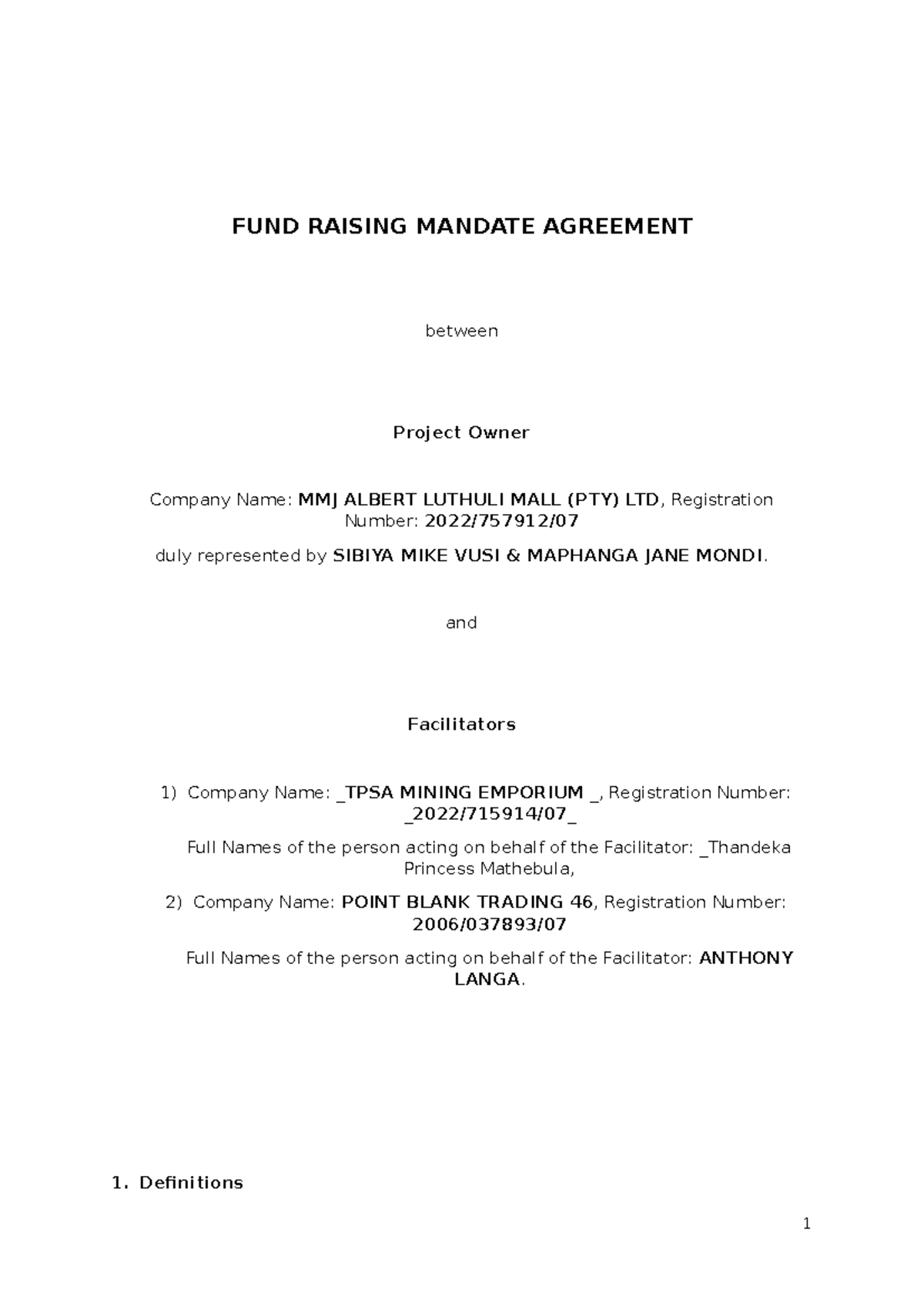 FUND RAISING MANDATE AGREEMENT: MMJ ALBERT LUTHULI MALL & TPSA - Studocu