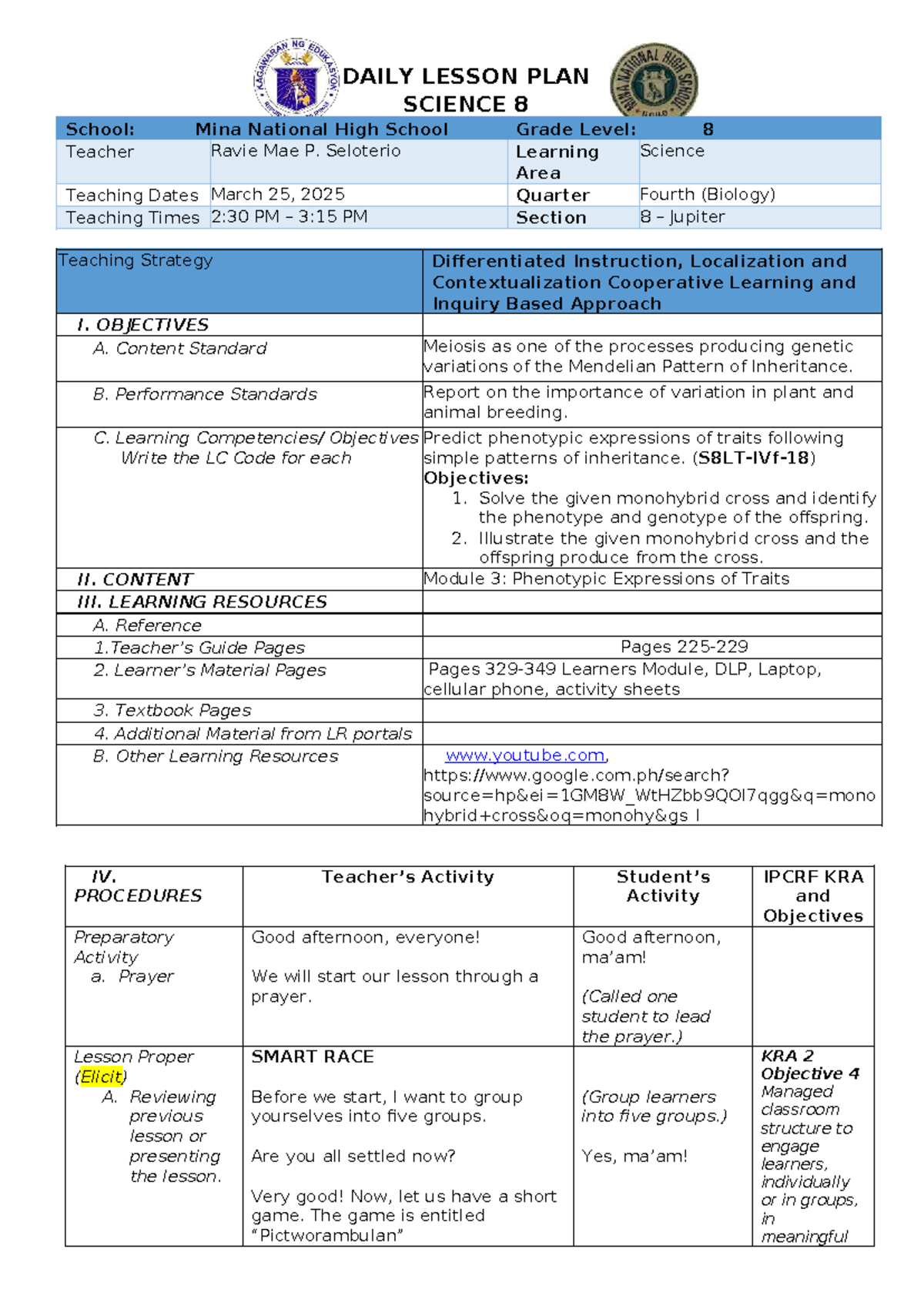 Grade 8 Science Daily Lesson Plan: Meiosis & Genetic Variation - Studocu