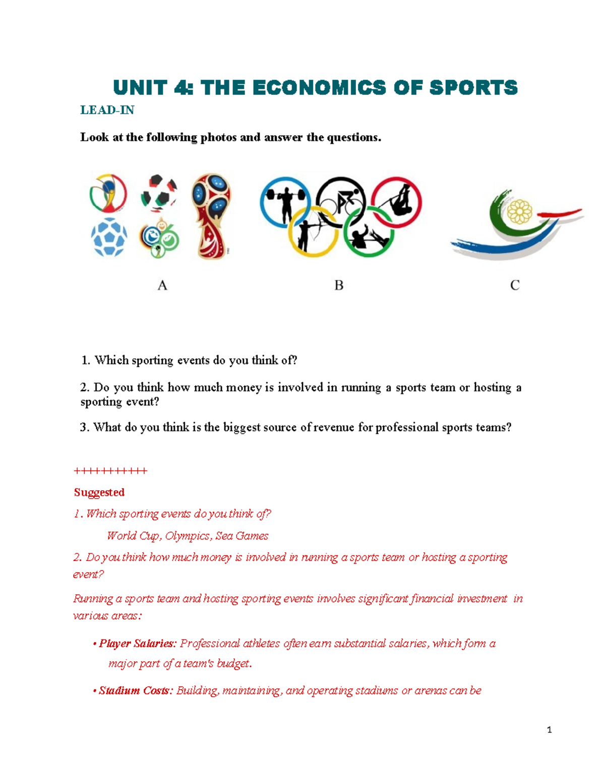 UNIT 4: THE ECONOMICS OF SPORTS - Financial Insights and Impacts - Studocu