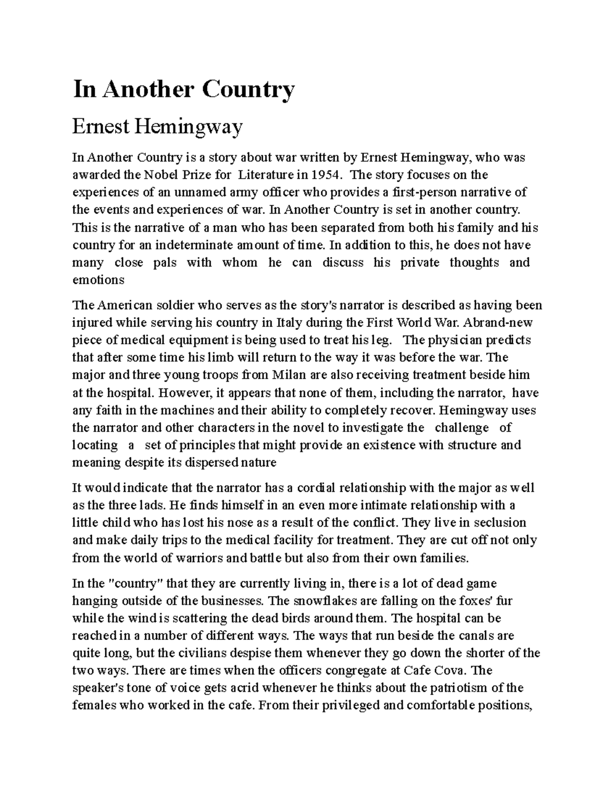 In Another Country - Introduction to Literature - In Another Country ...