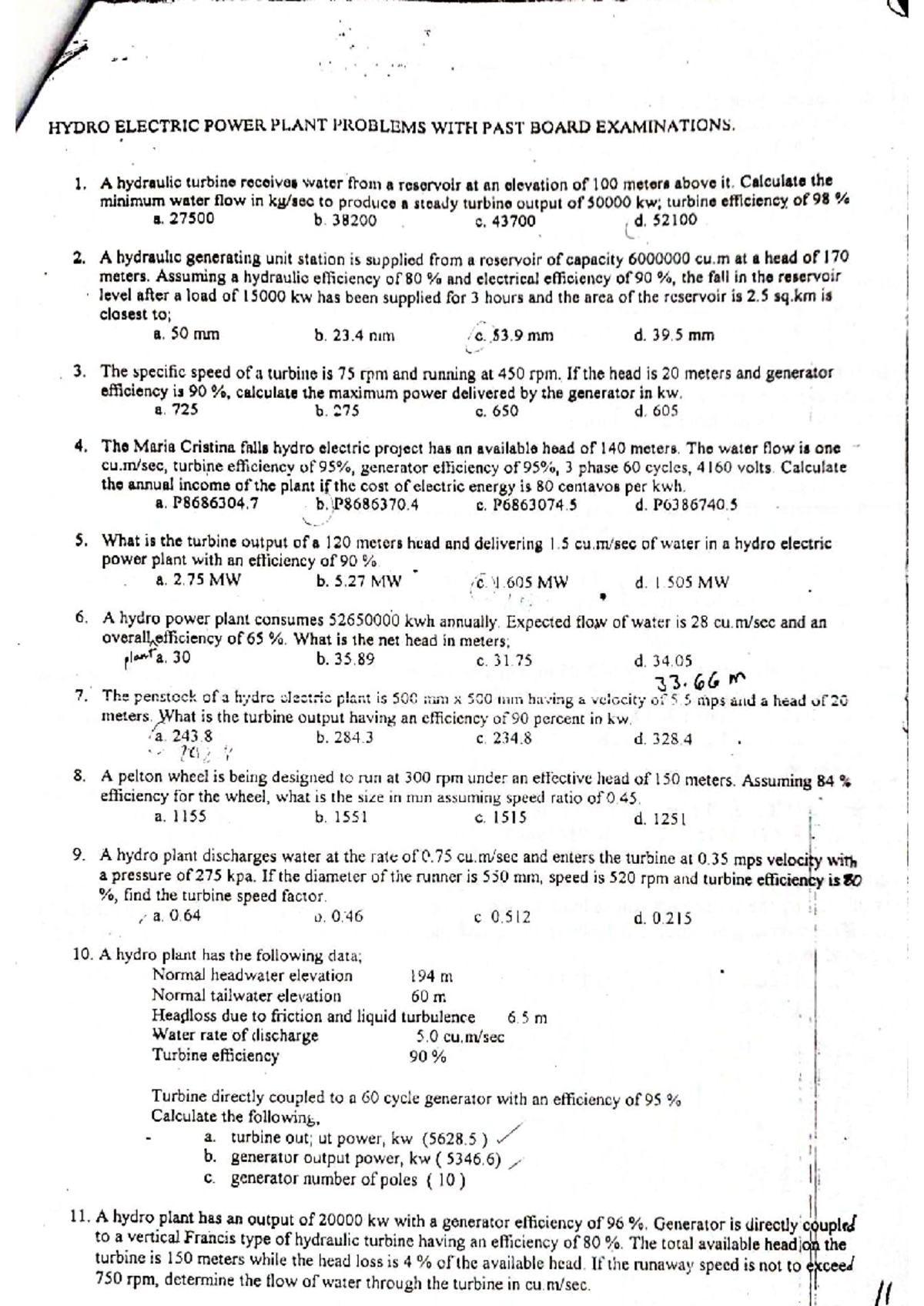 HYD 101: Hydroelectric Plant Problems from Past Board Exams - Studocu